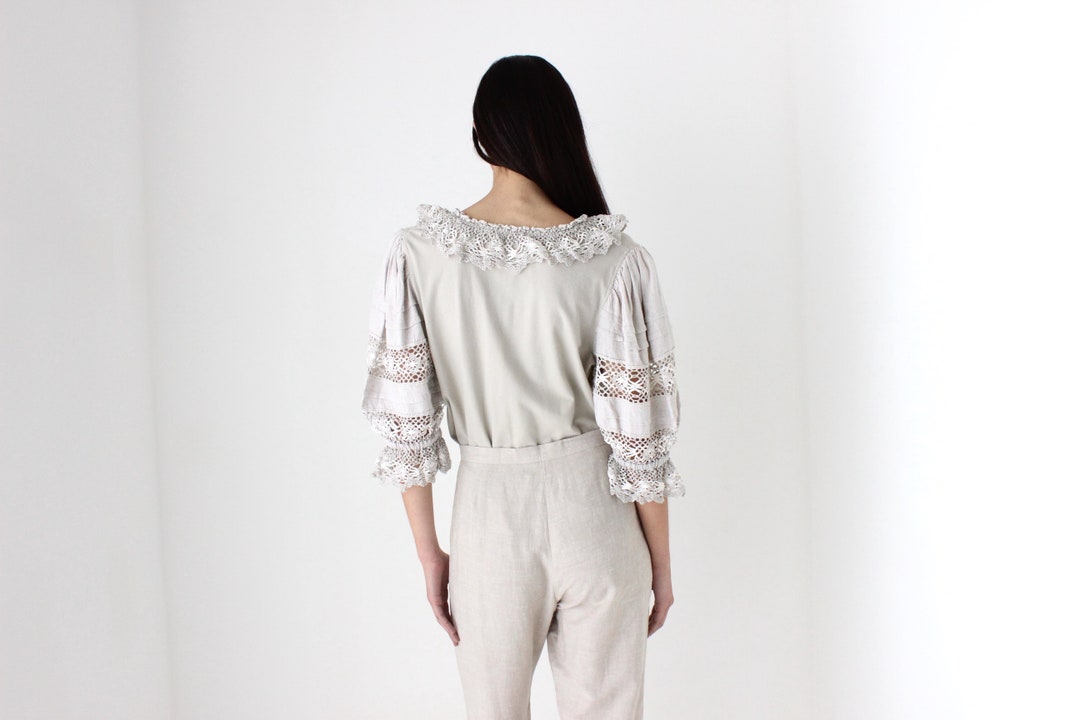 90s Detailed Cotton Folk Puff Sleeve Crop Top - Etsy