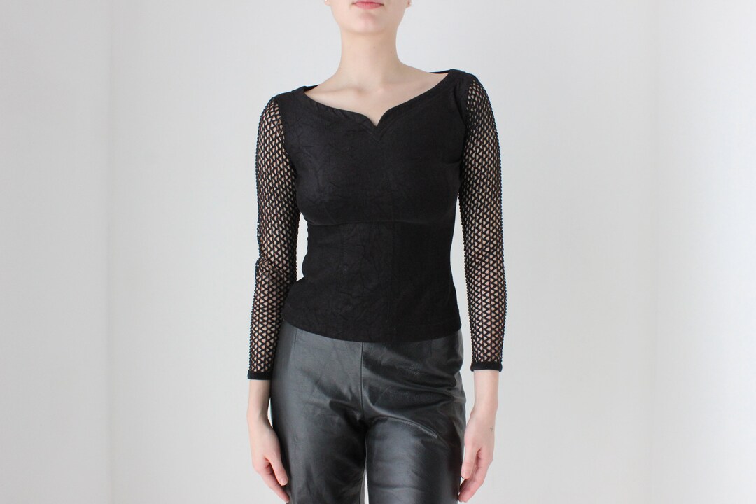 BALLETCORE 90s Goth Velour & Fishnet Stretch Long Sleeve Top - Etsy