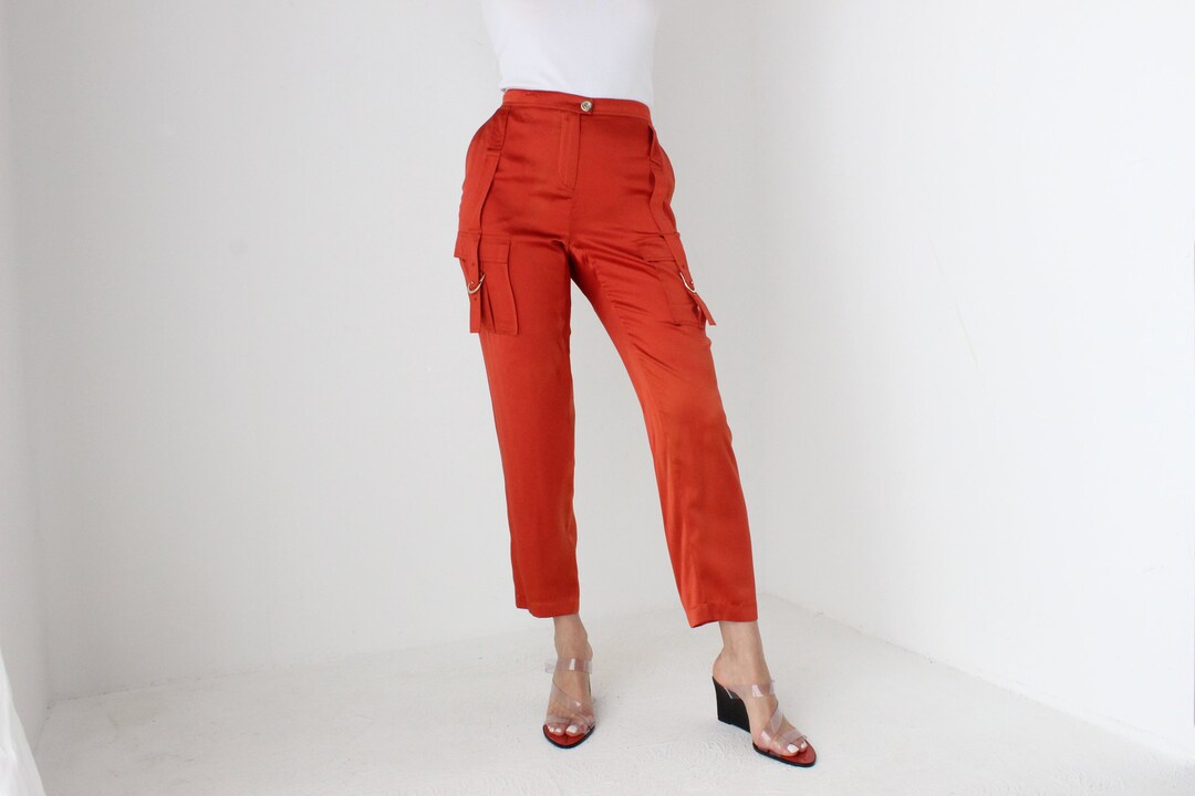 Y2K Roberto Cavalli Pure Silk Burnt Orange Cropped Cargo Pocket Pants ...