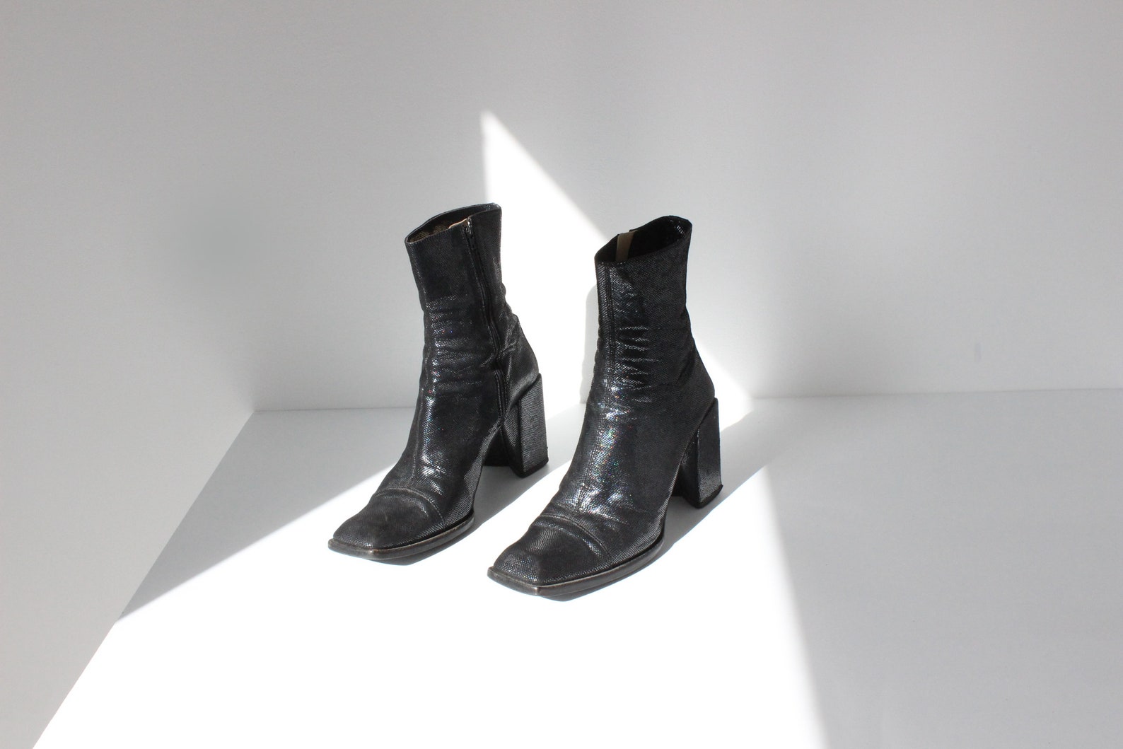 90s Michel Perry Holographic Metallic Leather Square Toe Boots W ...