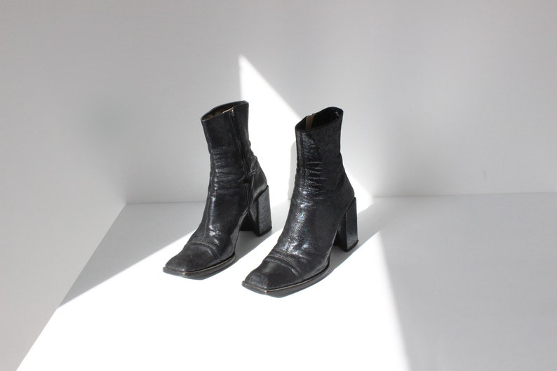 90s Michel Perry Holographic Metallic Leather Square Toe Boots W ...