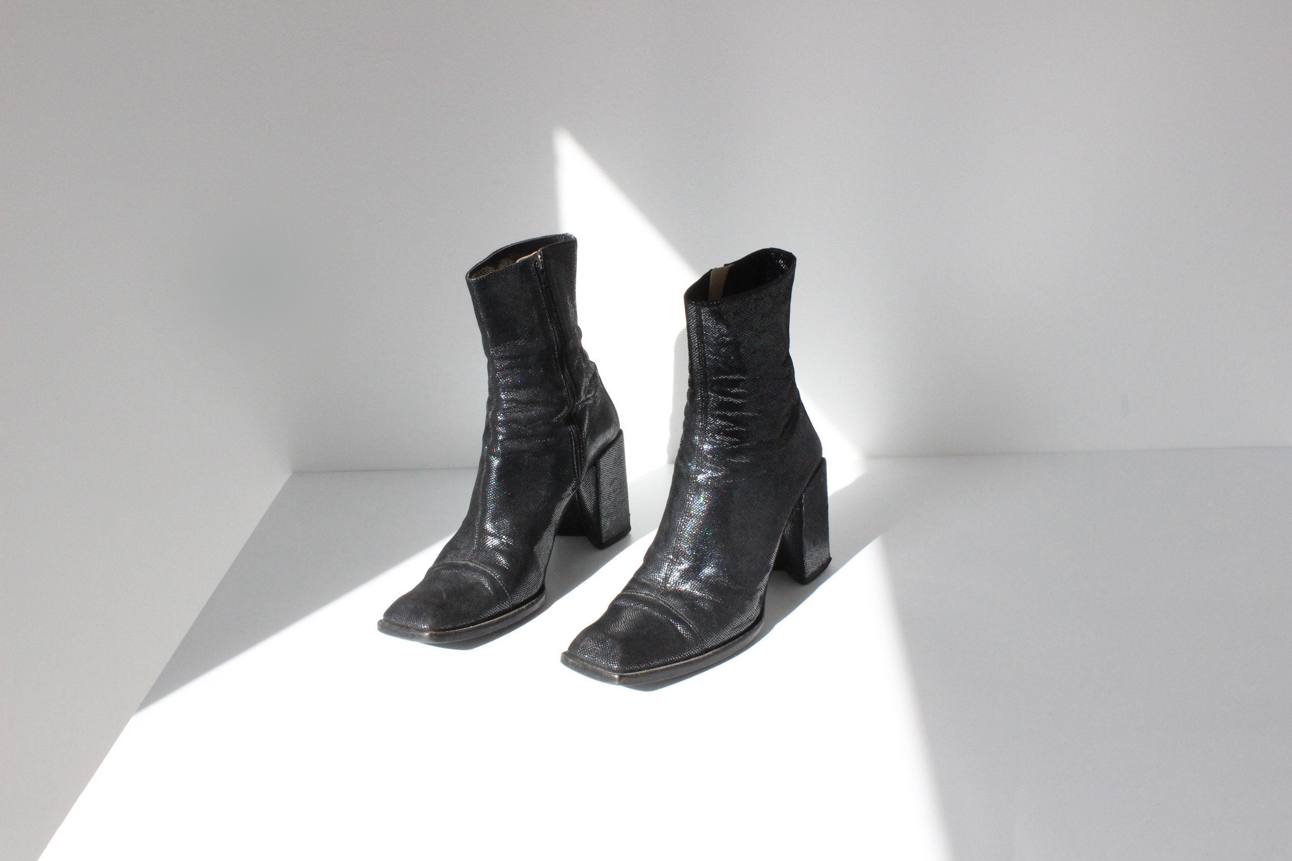 90s Michel Perry Holographic Metallic Leather Square Toe Boots W ...