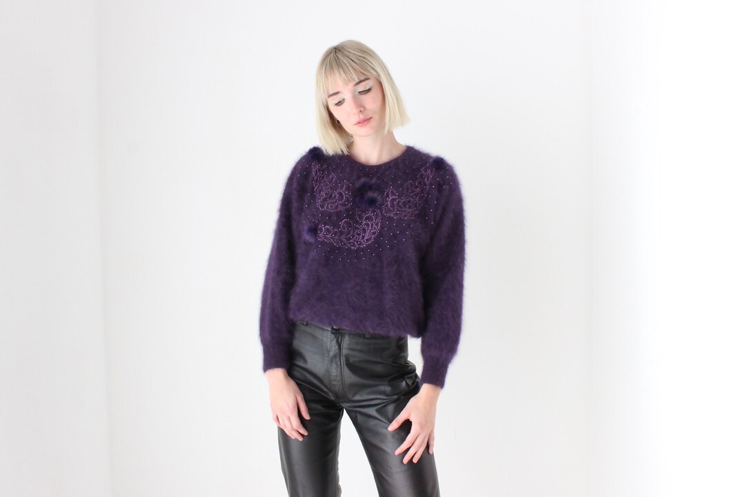 80s Softest ANGORA Cocoon Deep Aubergine Purple Knit Sweater - Etsy