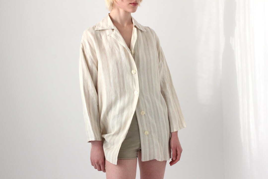 90s Italian Linen Subtle Beige Stripe Quality Long Sleeve Oversized ...