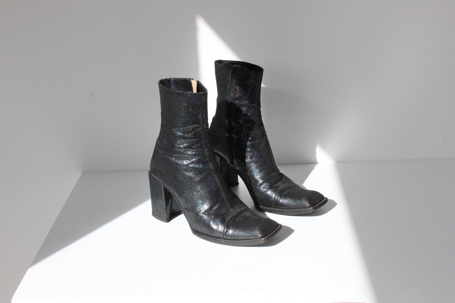 90s Michel Perry Holographic Metallic Leather Square Toe Boots W ...