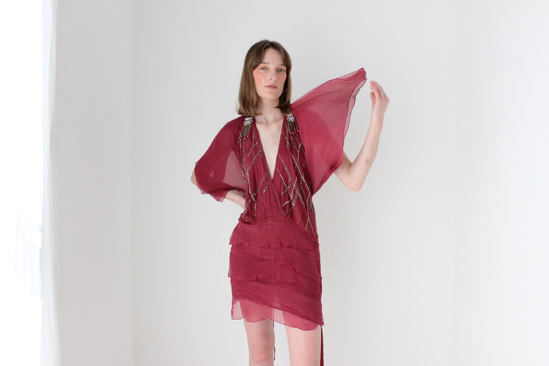 Spectacular Y2K Embellished Silk Moulin Rouge Plunge Neck Backless Mini ...