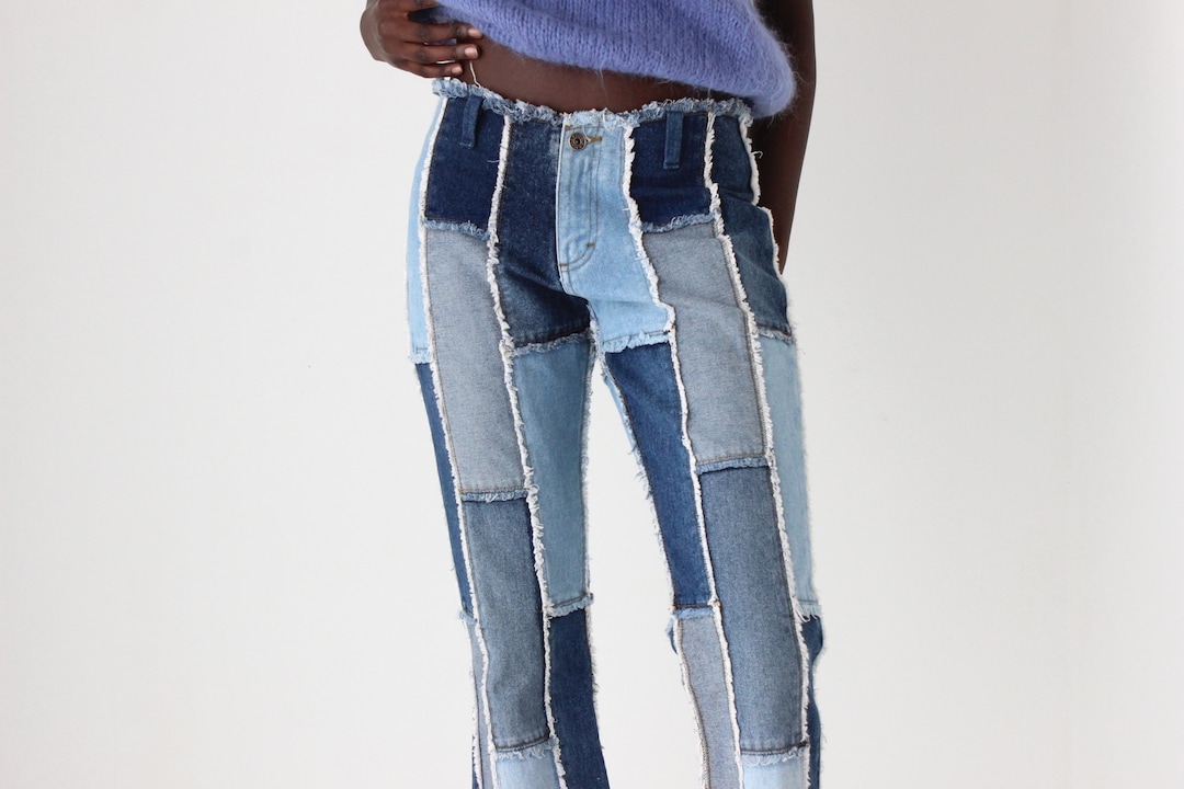 Y2K Frayed Denim Patchwork Texture Cropped Kick Flare Jeans by Zana Di ...