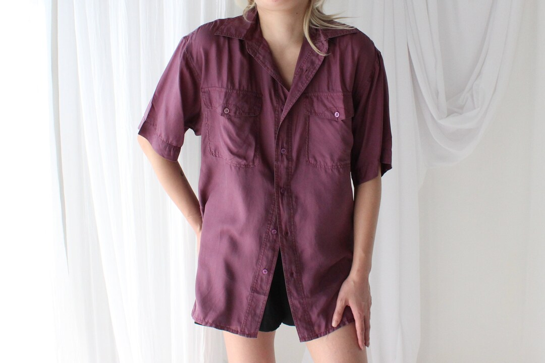 80s MATTE SILK Purple Boxy Short Sleeve Double Pocket Button up Unisex ...