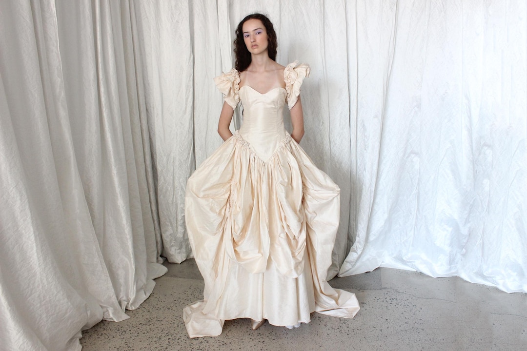 1991 Bespoke Raw Silk Dupion Basque Waist, Ruffle Shoulder ...