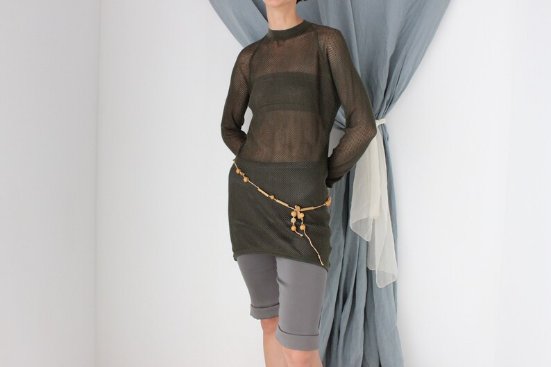 MADE IN ITALY 2000s Khaki Fishnet Mesh Minimal High Neck Stretch Fitted ...
