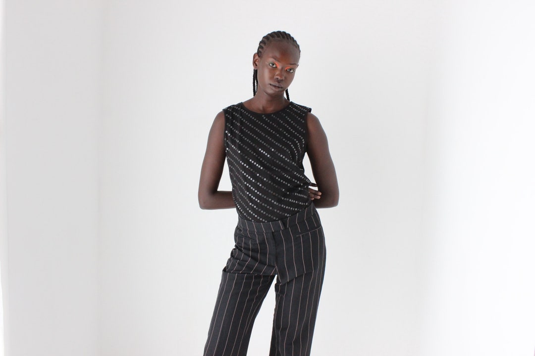 Y2K Subtle Diagonal Sequin Texture Sleeveless Black Muscle Tank - Etsy