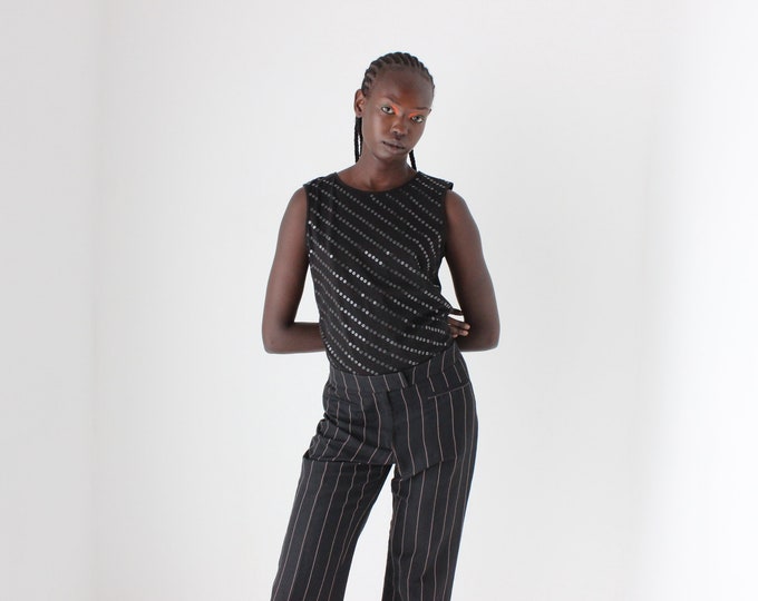 Y2K Subtle Diagonal Sequin Texture Sleeveless Black Muscle Tank - Etsy