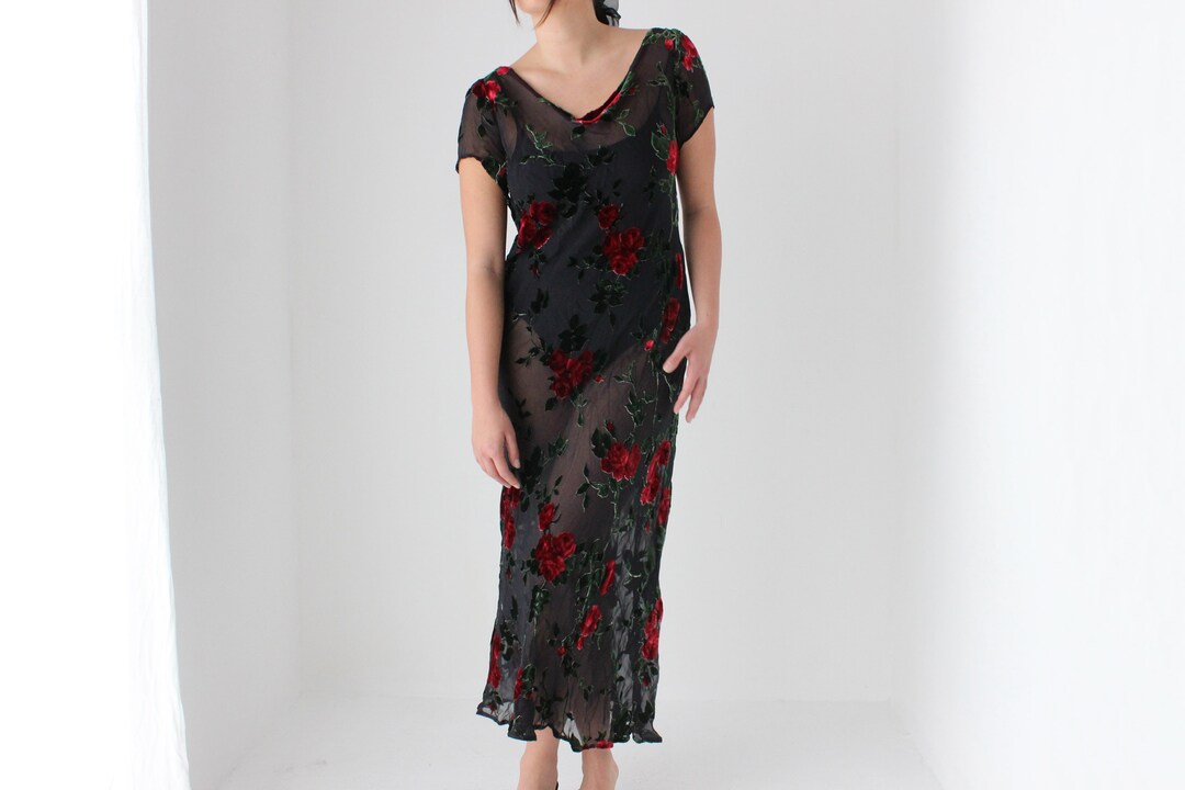 90s Luxurious PURE SILK VELVET Red Rose Floral Sheer Burnout Bias Cut ...