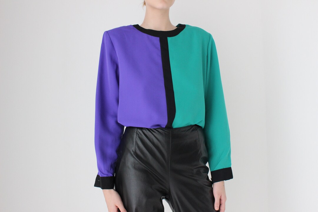 Funky 80s Purple / Emerald Half-n-half Contrast Top W/ Shoulder Pads - Etsy