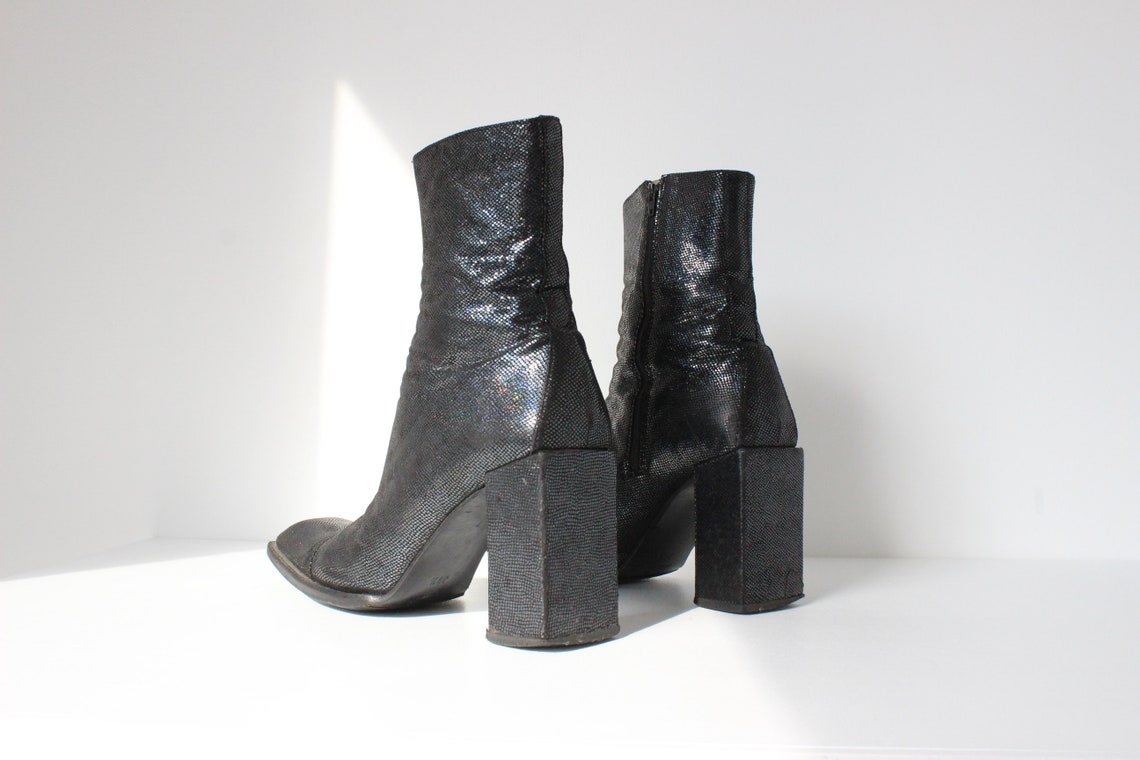 90s Michel Perry Holographic Metallic Leather Square Toe Boots W ...