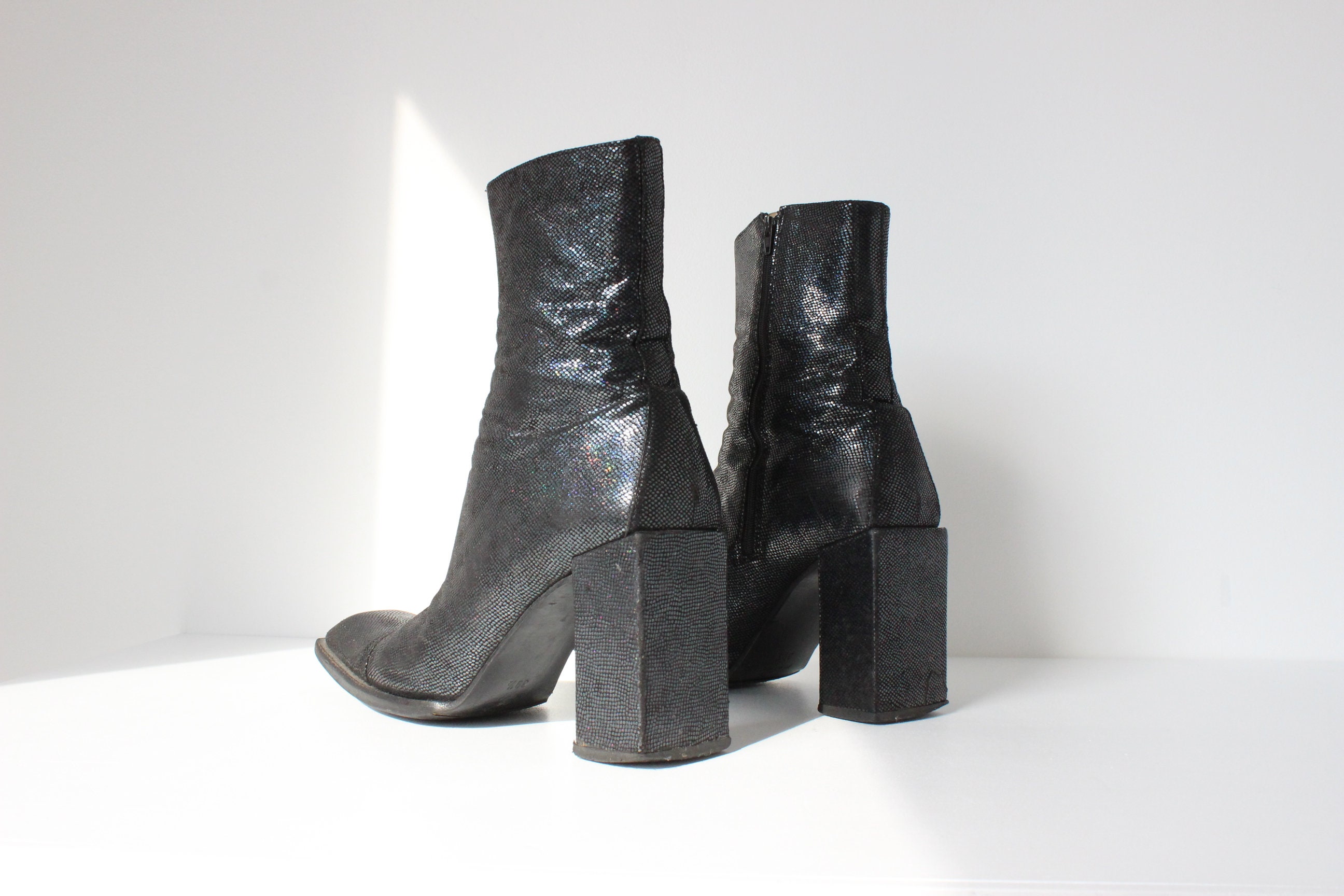 90s Michel Perry Holographic Metallic Leather Square Toe Boots W ...