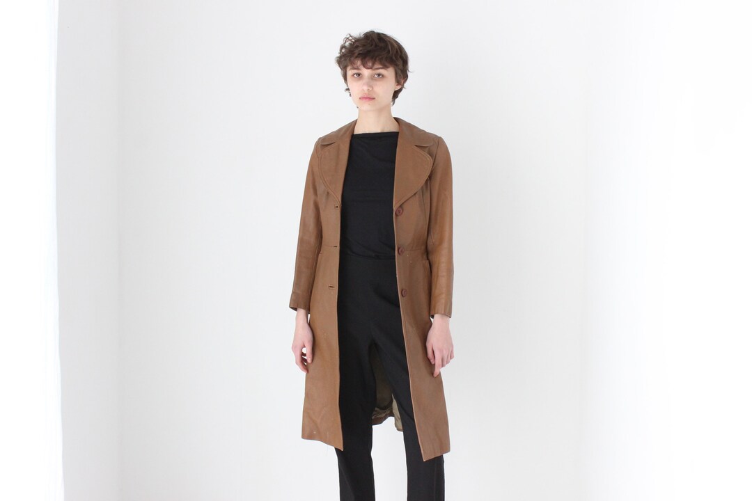 True 70s Caramel Brown Leather Button up Long Jacket / Trench Coat - Etsy