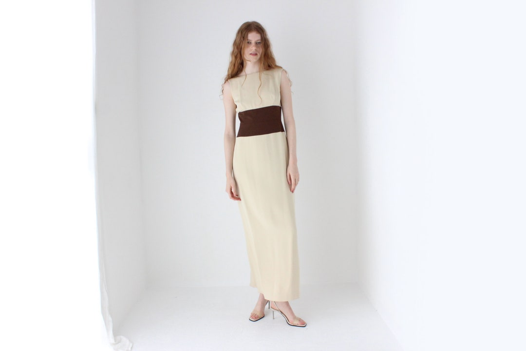 1990s Vintage Melinda Eng Chic Neutral Silk Bateau Neck Column Gown W ...