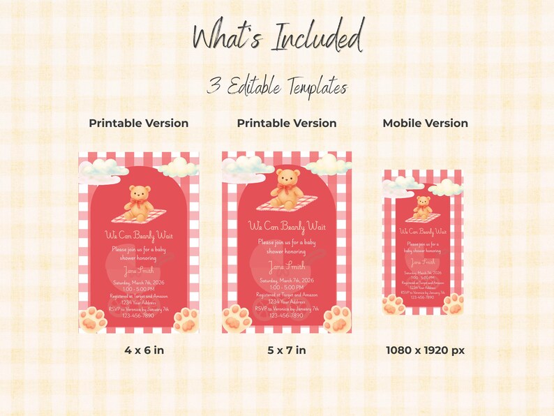 Teddy Bear Baby Shower Invitation Bundle: Red Gingham, Gender Neutral ...