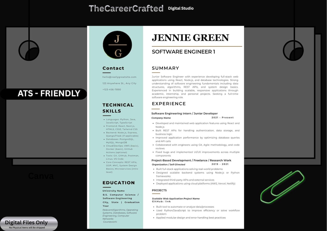 ATS Friendly Resume, Professional Resume Template Canva, Minimalist CV ...
