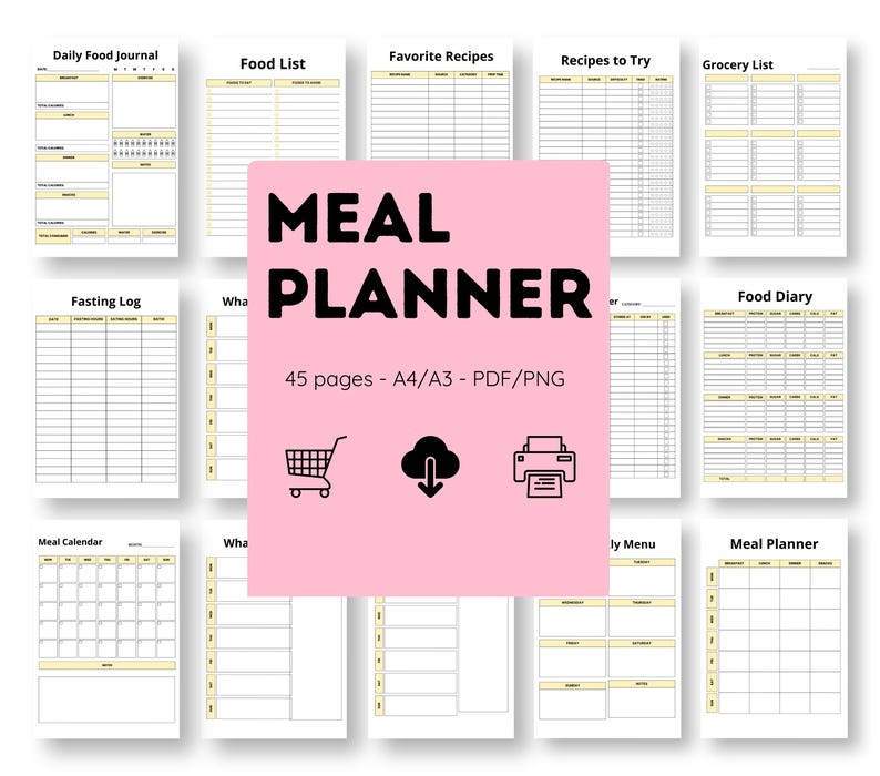 X45 Pages Meal Planner Ready to Print Pages (A4 + A5 PDF/PNG) - Etsy