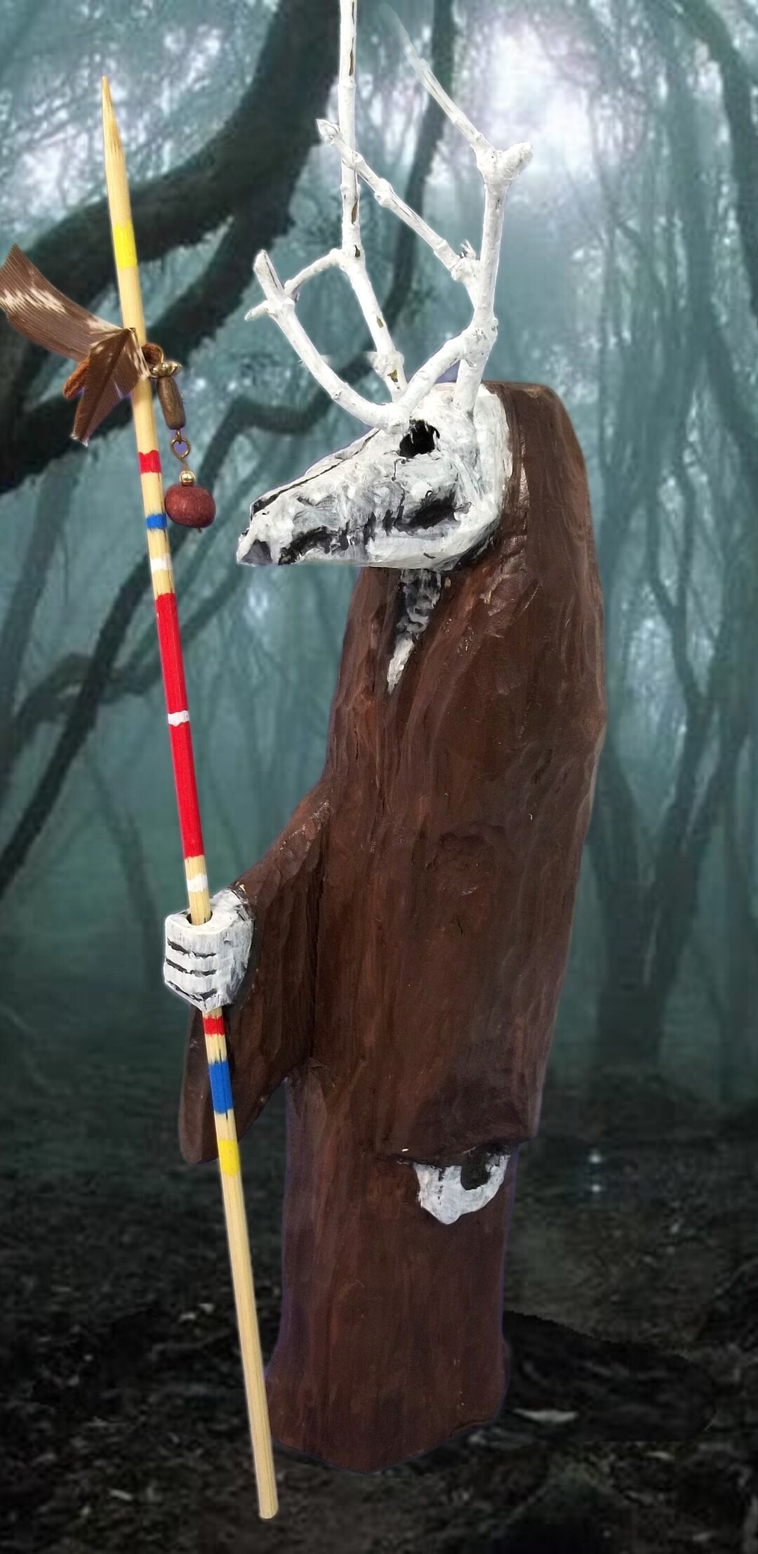 WENDIGO in Brown Robe With Tribal Lance Hand Carved/painted Wood Figure ...