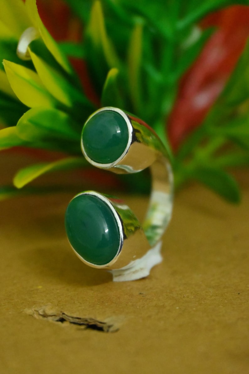 Sterling Silver Green Jade Double Stone Open Ring, Adjustable ...