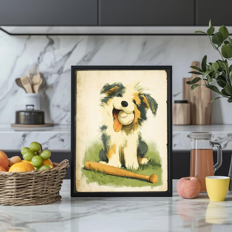 Vintage Style Dog Baseball Art Print, Shaggy Dog Illustration (digital ...