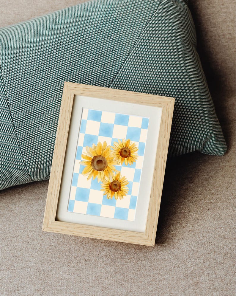 Watercolor Sunflower Gingham Print: Retro Floral Wall Art (digital ...