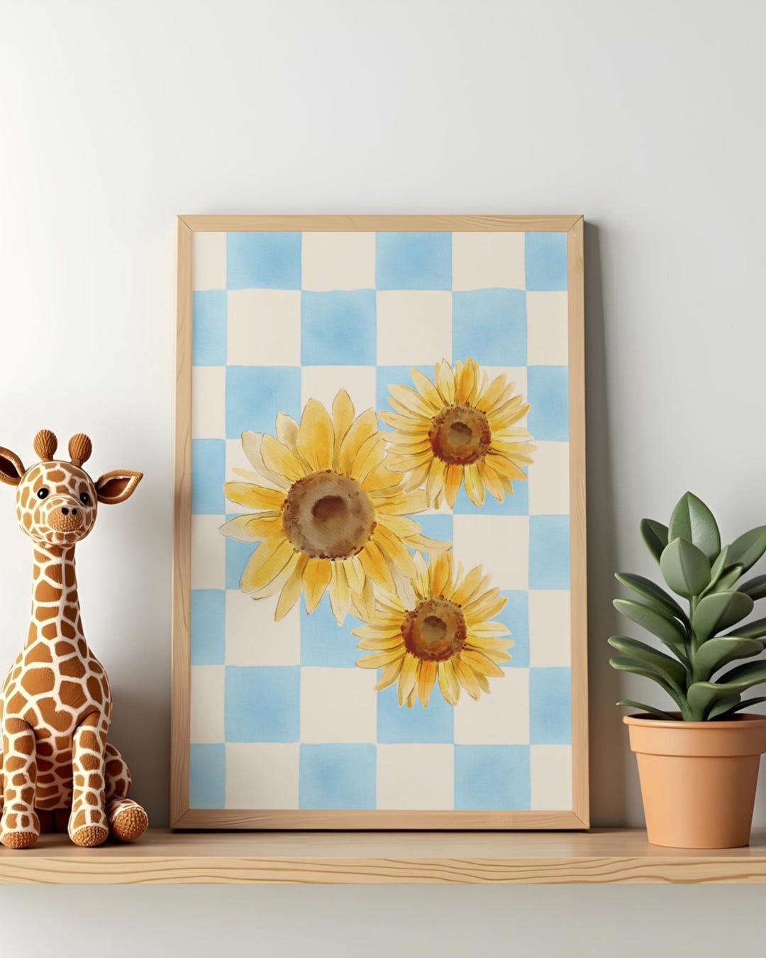 Watercolor Sunflower Gingham Print: Retro Floral Wall Art (digital ...