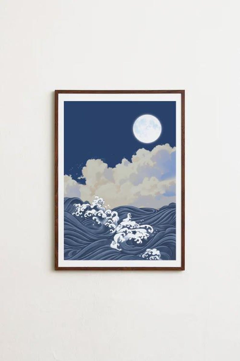 Japanese Wave Art Print, Moonlit Ocean Ukiyo-e Poster (digital Download ...