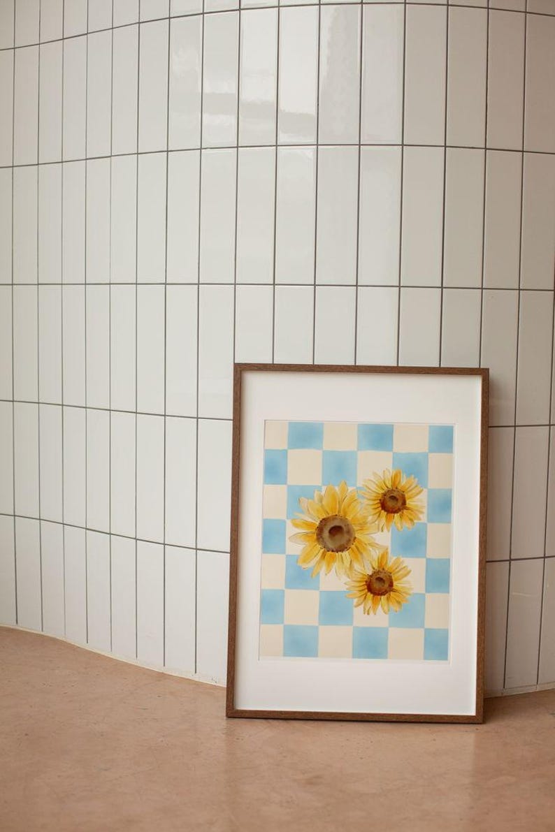 Watercolor Sunflower Gingham Print: Retro Floral Wall Art (digital ...