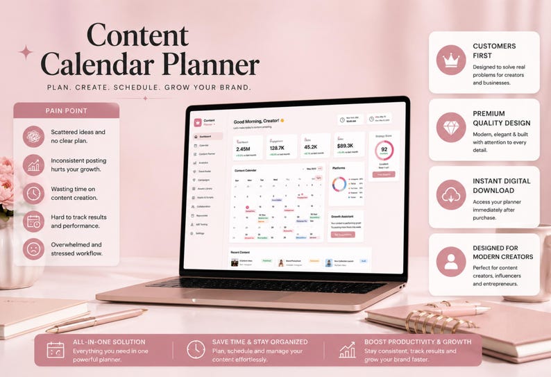 Content Calendar Template | Social Media Content Planner | Marketing ...