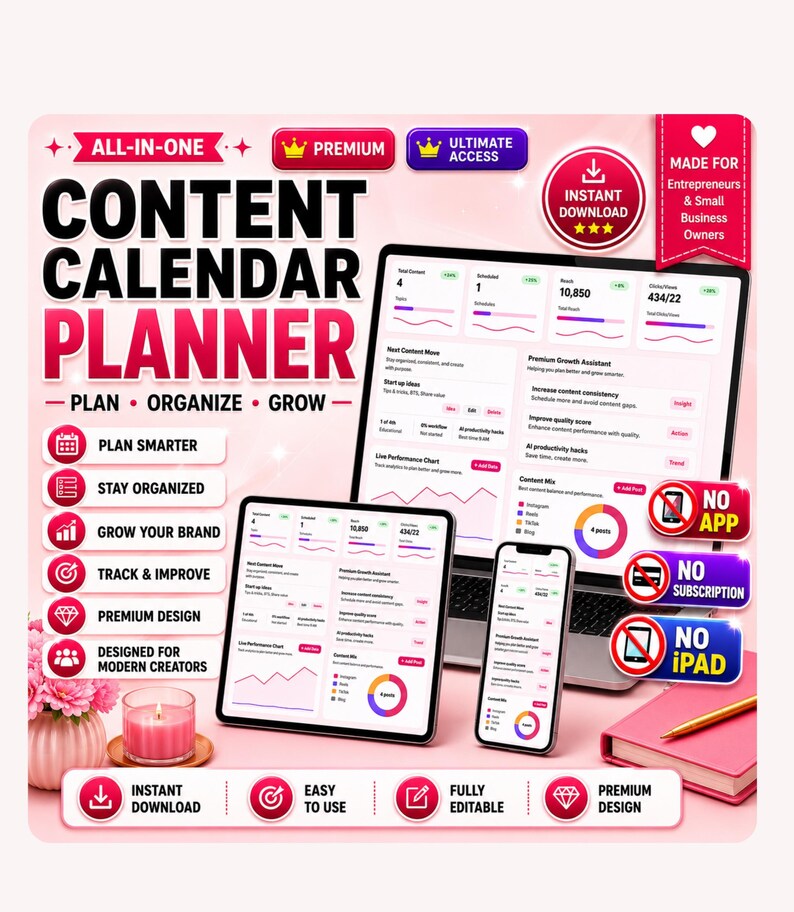 Content Calendar Template | Social Media Content Planner | Marketing ...