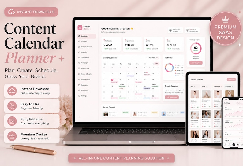 Content Calendar Template | Social Media Content Planner | Marketing ...