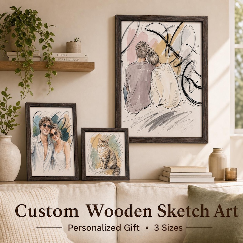 Custom Wooden Sketch Art, Personalized Family Portrait Gift, Pet ...