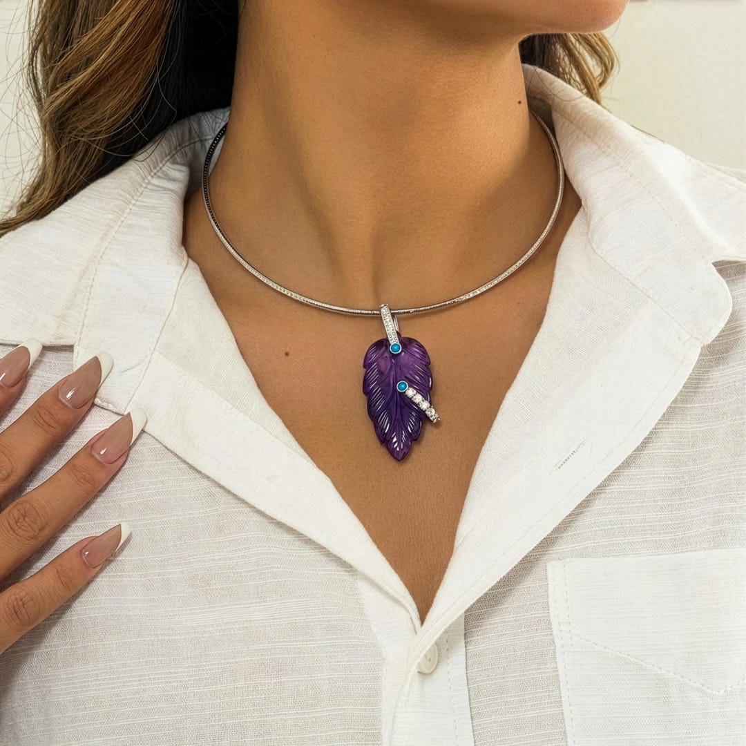 Carved Amethyst Leaf Pendant, Royal Purple Handmade Charm, Modern ...