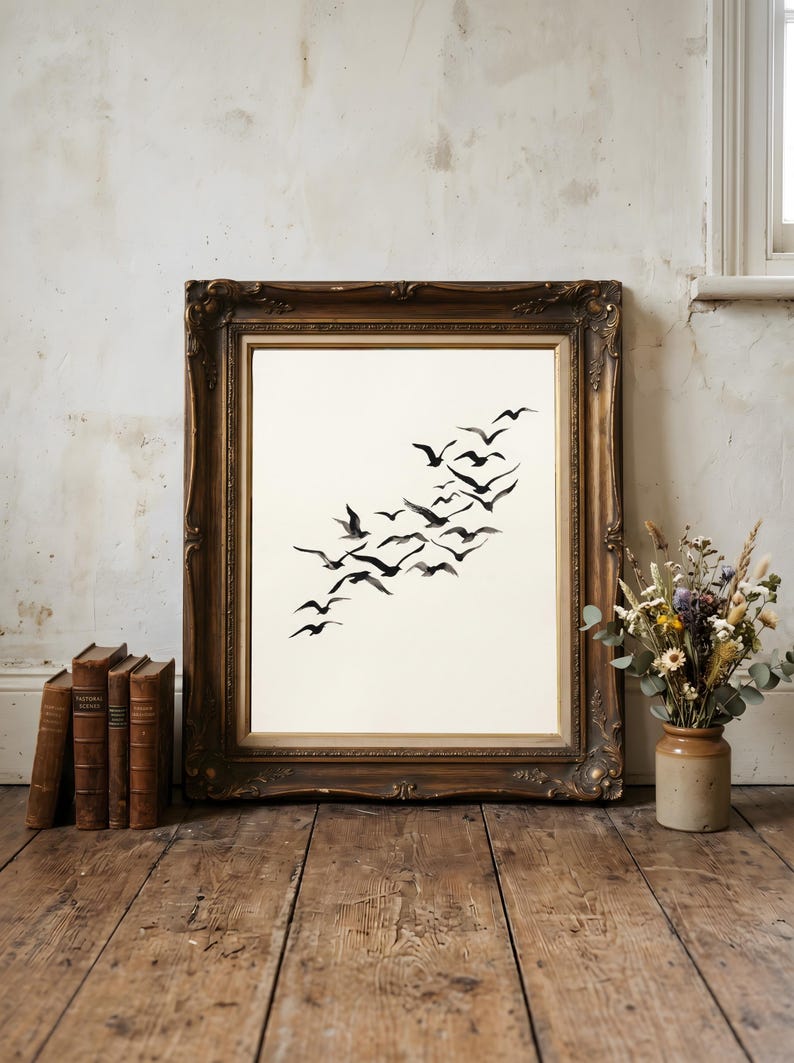 Flying Birds Printable Wall Art | Minimalist Black Ink Wash Japandi ...