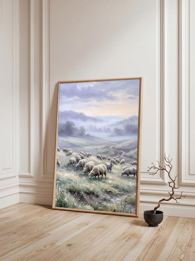 Sheep Landscape Printable Wall Art | Vintage Foggy Meadow Countryside ...