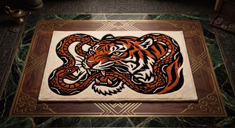 Fierce Tiger and Snake Tufted Rug | Custom Tattoo-inspired Statement ...