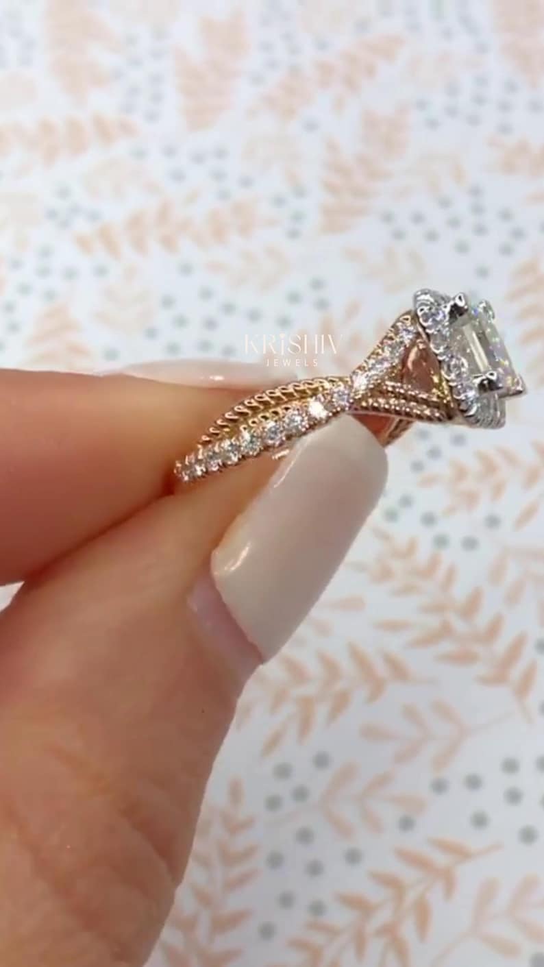 Halo Set Princess Cut Engagement Ring , Twisted Band 14k Solid Gold ...