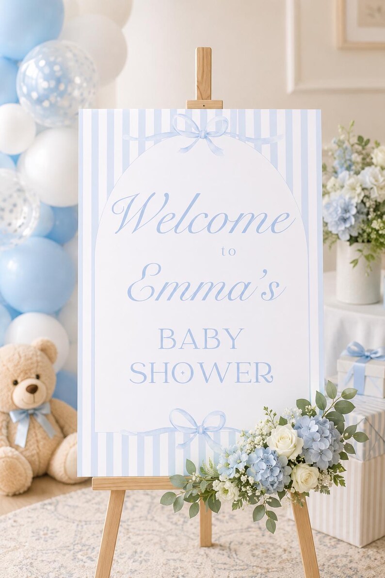 Baby Shower Welcome Sign Template, Blue Striped Baby Shower Welcome ...