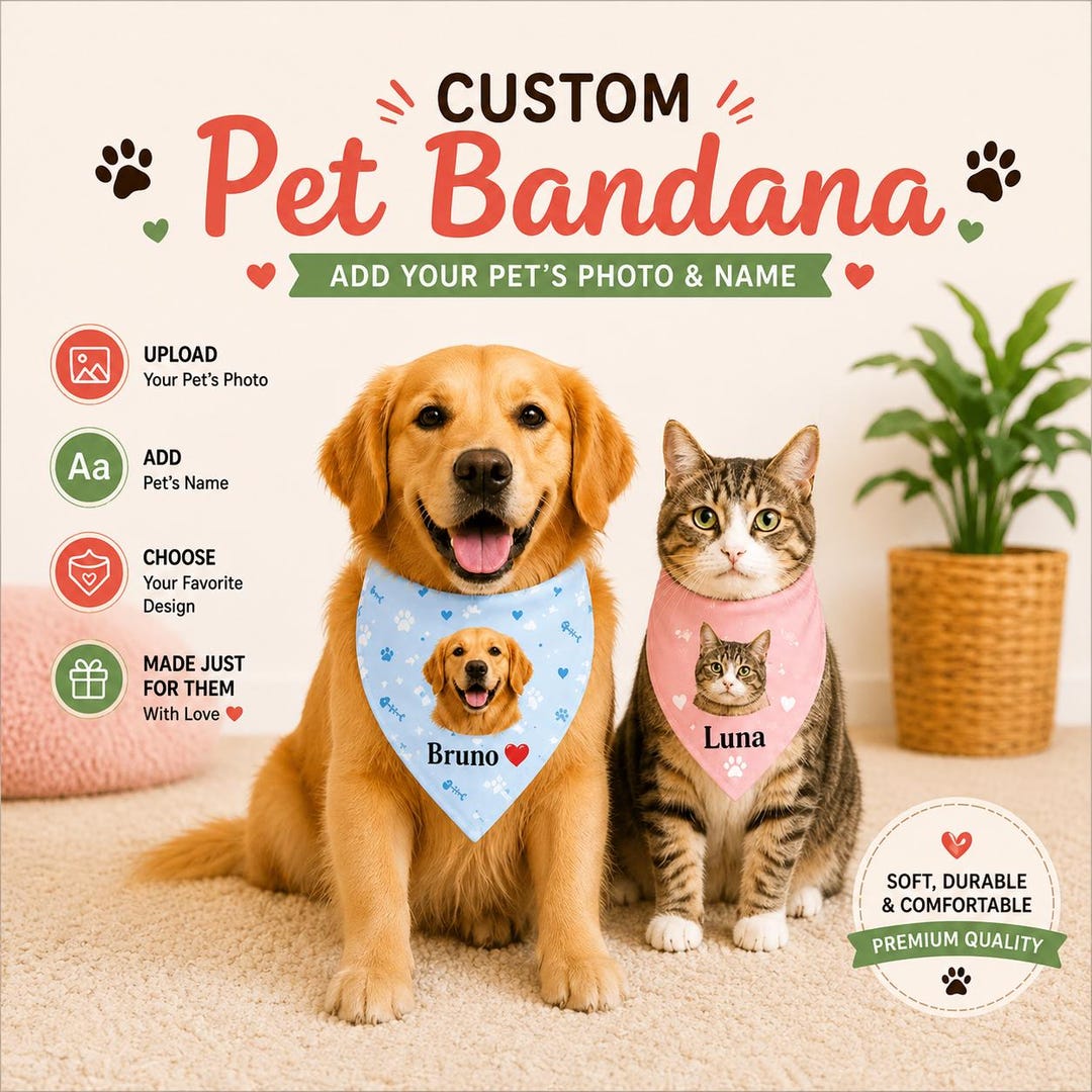 Custom Pet Bandana With Photo & Name | Personalized Dog Cat Accessory ...