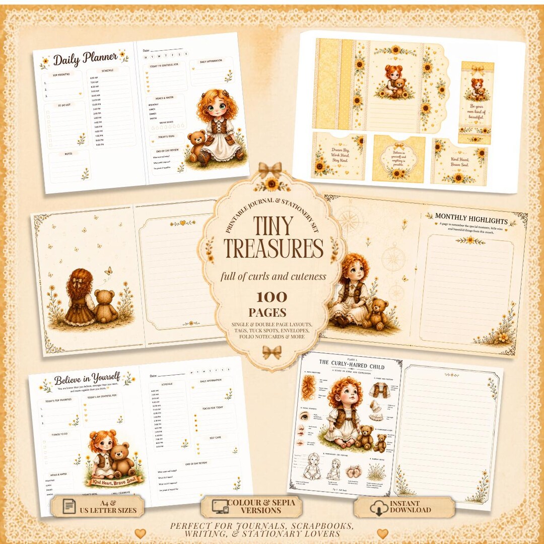 Printable Journal Kit | Childhood Explorer Ephemera Pack | Cute Curly ...
