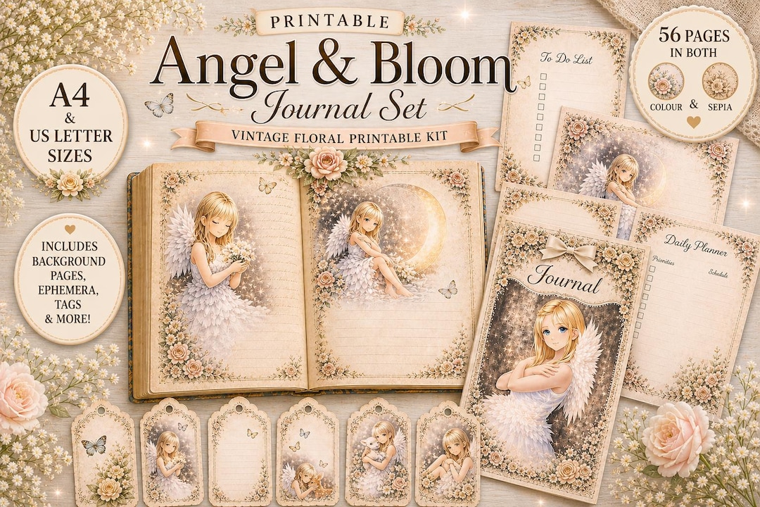 Anime Angel Printable Journal Kit, 56 Whimsical Background Pages ...