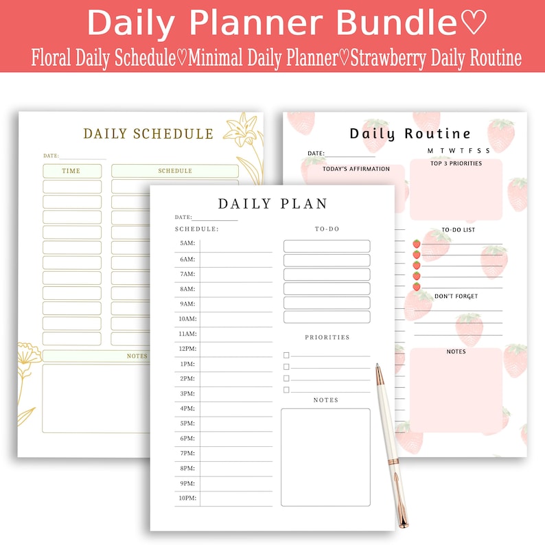 Daily Planner Printable Bundle | 3 Daily Schedule Templates | A4 & US ...