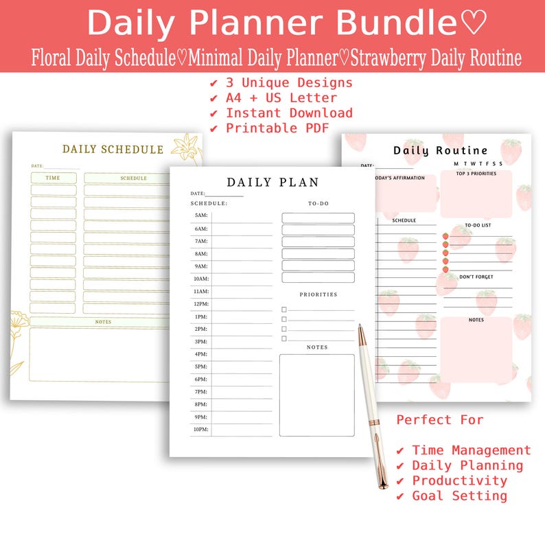 Daily Planner Printable Bundle | 3 Daily Schedule Templates | A4 & US ...