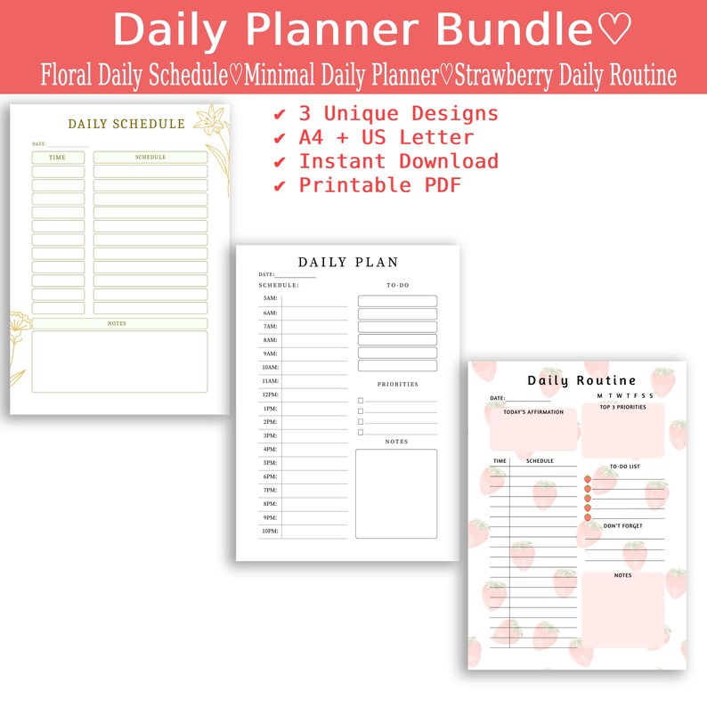Daily Planner Printable Bundle | 3 Daily Schedule Templates | A4 & US ...