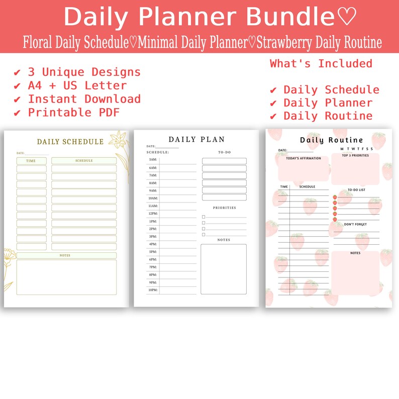 Daily Planner Printable Bundle | 3 Daily Schedule Templates | A4 & US ...