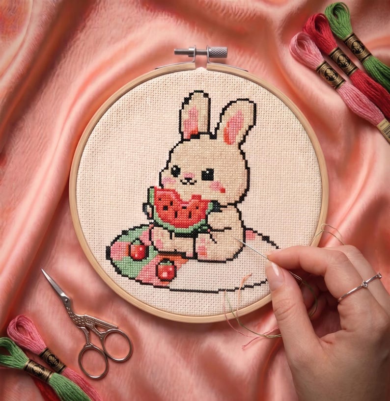 Minimal Cross Stitch Pattern | Watermelon Rabbit Embroidery Design ...